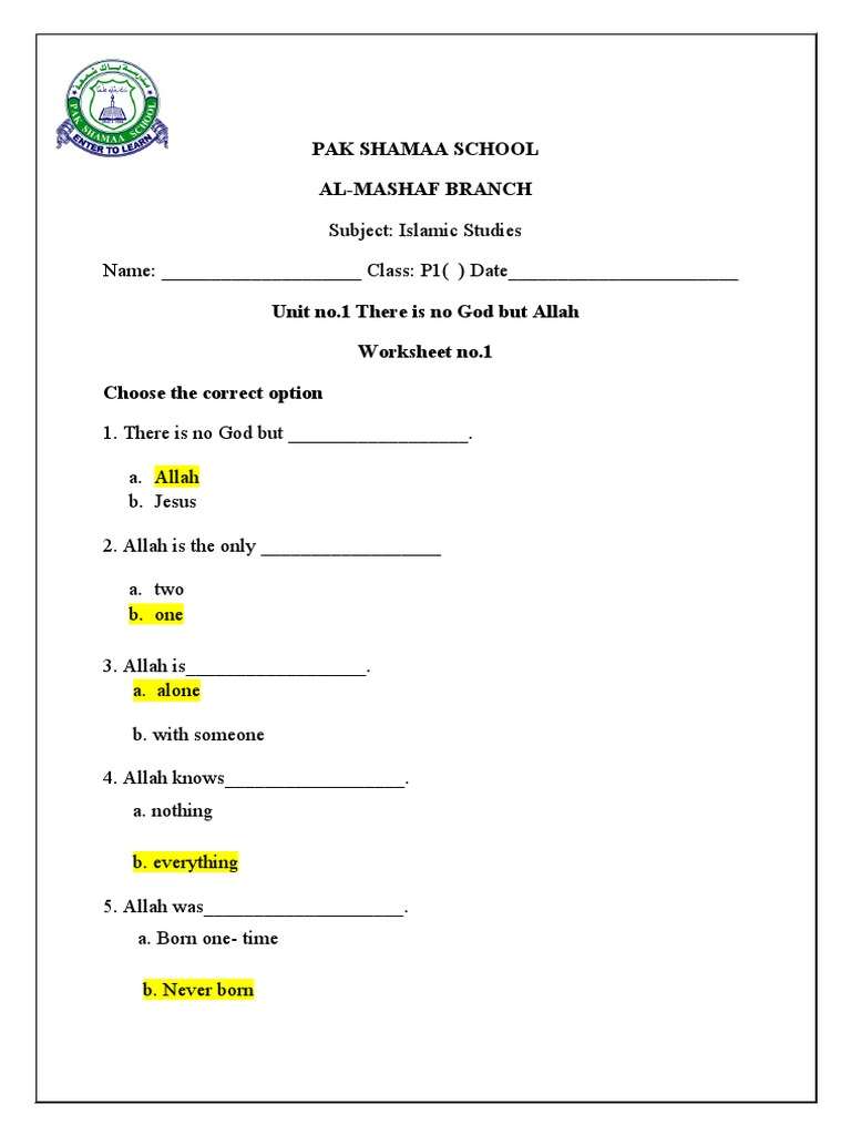 Unit.1 There Is No God But Allah Solved Worksheets of p1 | PDF | Career ...