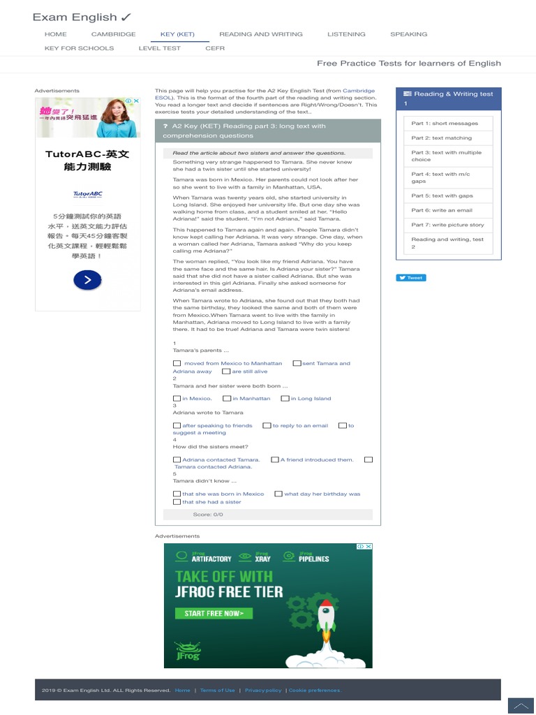 A2 Key (KET) Reading Practice Test, Part 3. Free Practice For The ...