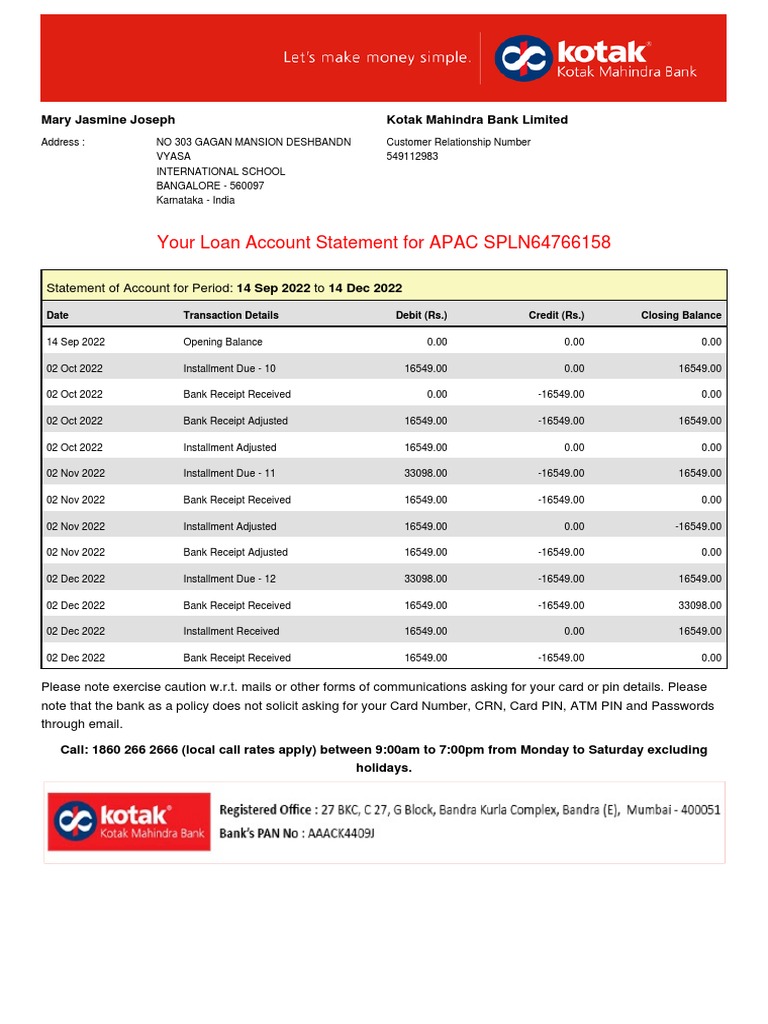 Kotak Mahindra Bank loan statement for Mary Joseph | PDF | Banks ...