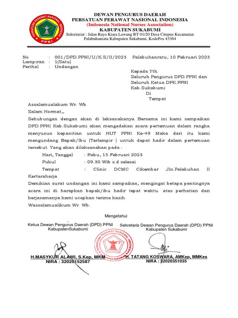 Surat Undangan Untuk Susunan Panitia Hut Ppni Ke-49 | PDF