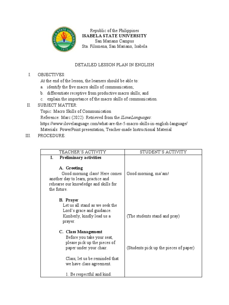 A Detailed Lesson Plan - Final Demo Macro Skills | PDF | Nonverbal Communication | Communication