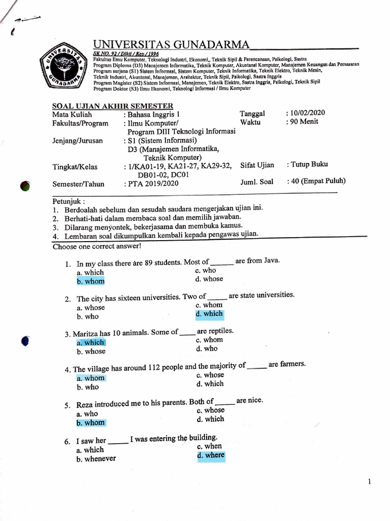 Soal UAS Bahasa Inggris 1 PTA 2019-2020 | PDF