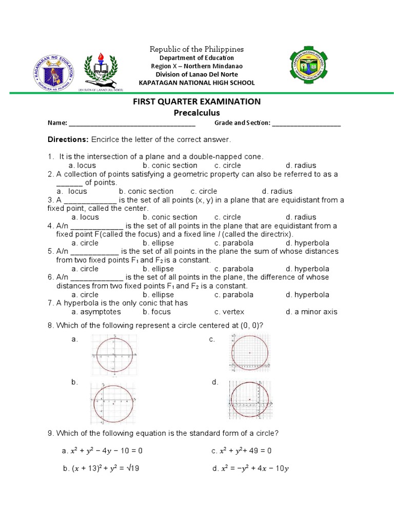 Precal Exam Q1 | Download Free PDF | Ellipse | Analytic Geometry