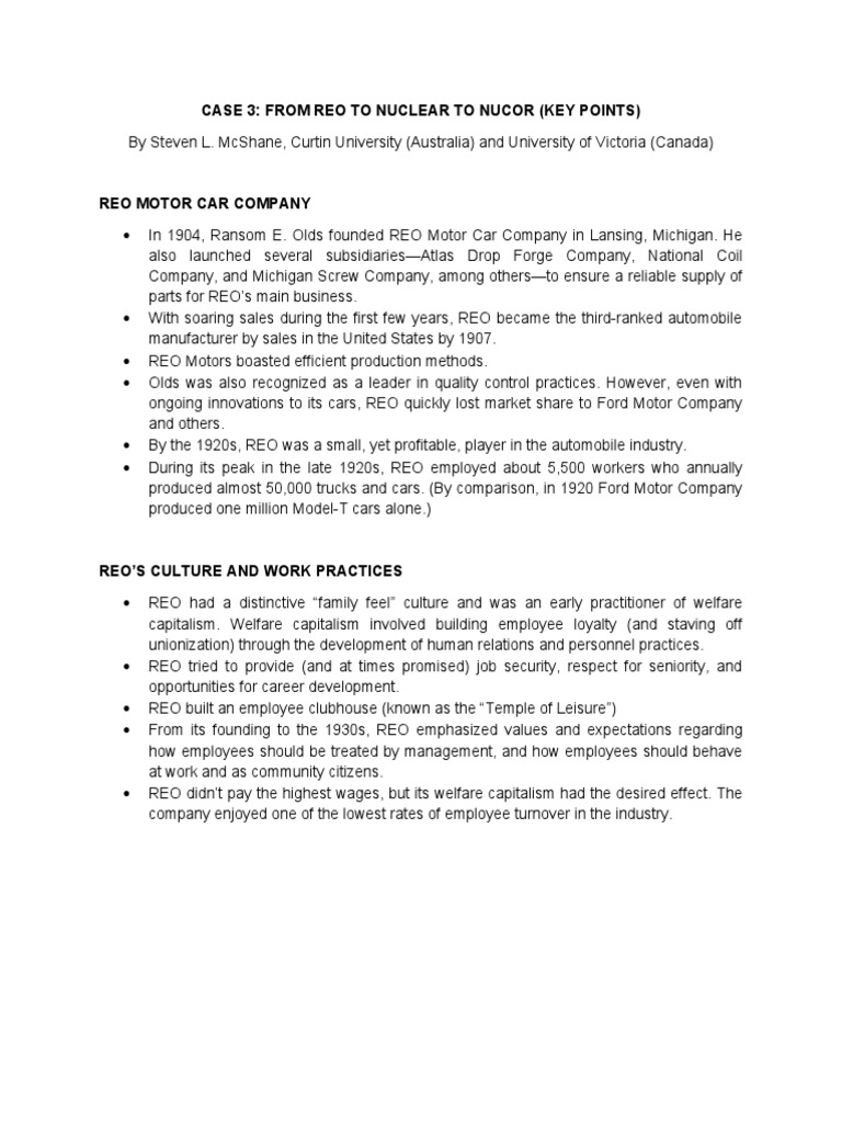 Case 3 From Reo To Nuclear To Nucor (Key Points) | PDF | Economies