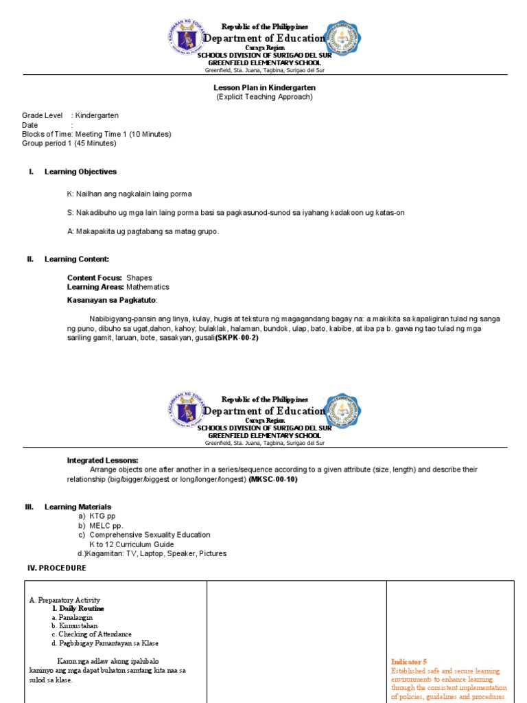 Kindergarten Lesson Plan Explicit Teaching Approach | PDF | Learning | Behavior Modification
