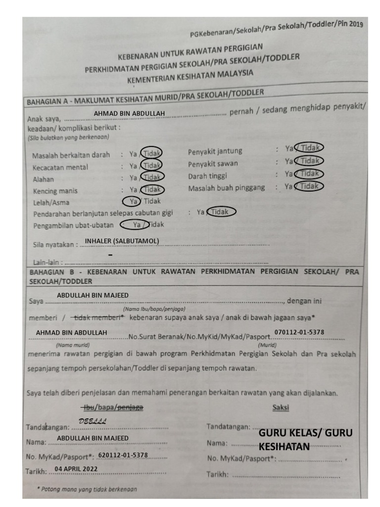 Cara Mengisi Kad Dan Borang Kebenaran Rawatan Pergigian | PDF
