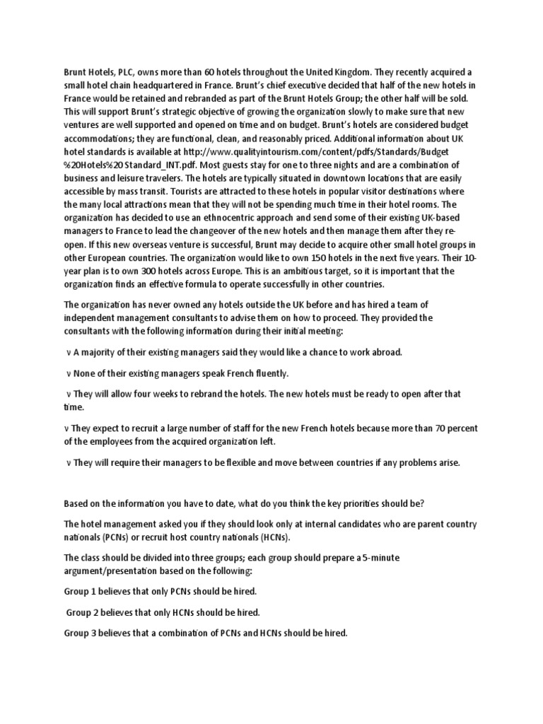 Brunt Hotels - Staffing Case Study | PDF | Hotel | Business