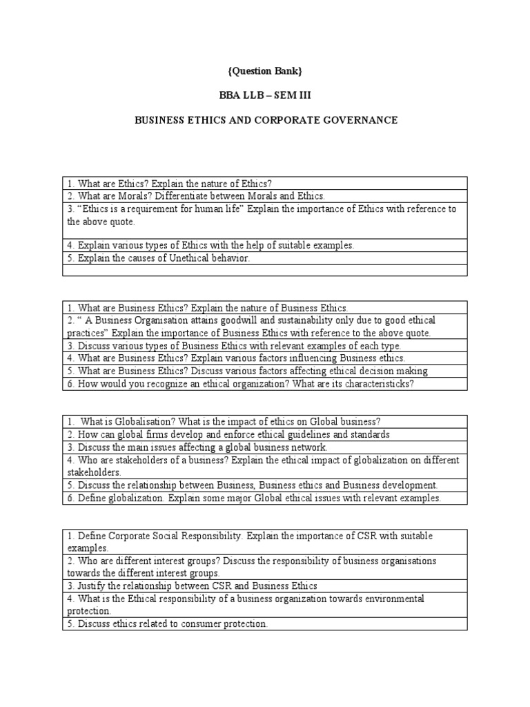 Business Ethics Question Bank | PDF | Business Ethics | Corporate ...