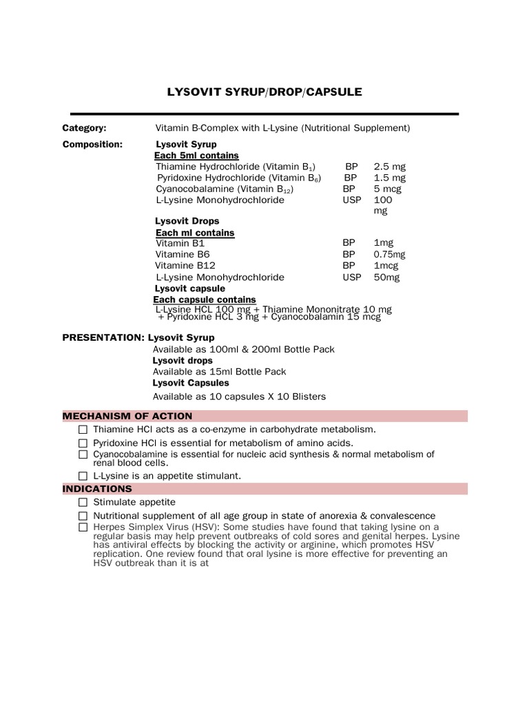 LYSOVIT | Download Free PDF | Lysine | Herpes Simplex