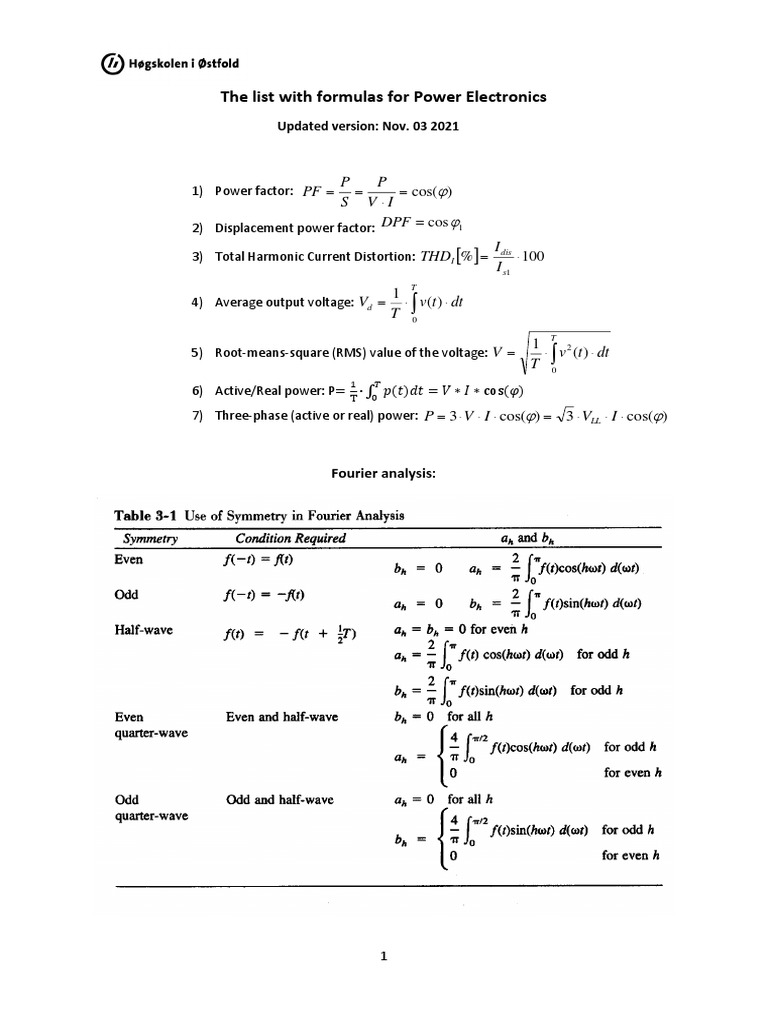 Final Power Electronics Formulas List | PDF | Rectifier | Electrical Equipment
