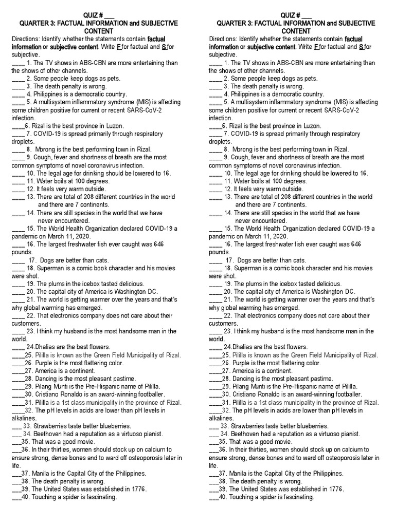 Factual vs. Subjective Quiz Guide | PDF | Epidemiology | Diseases And ...
