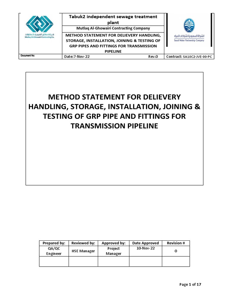 Method of Statement For GRP Work | PDF | Pipe (Fluid Conveyance) | Fiberglass