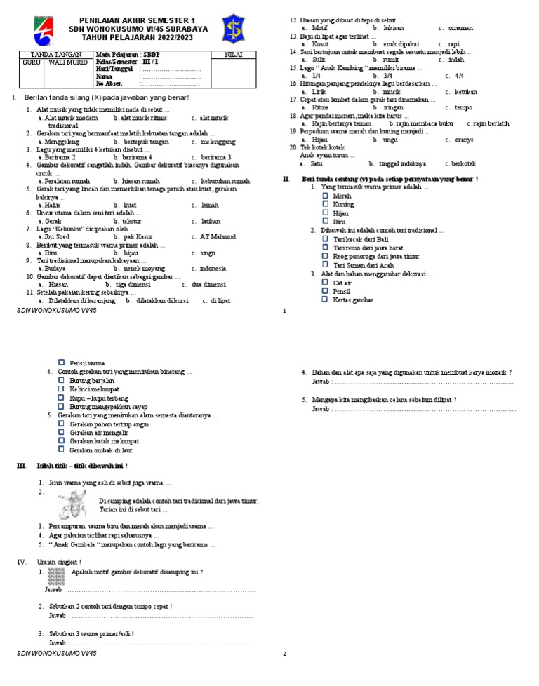 Penilaian SBDP Kelas 3 Semester 1 | PDF