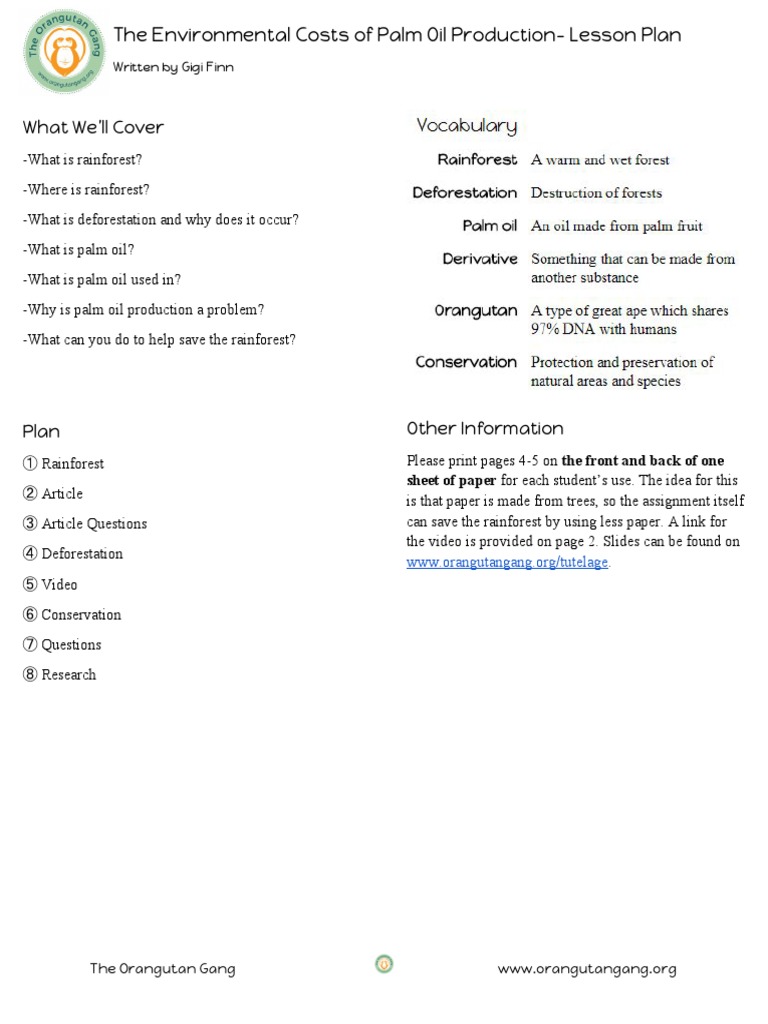 Orangutan Lesson-Plan | PDF | Orangutan | Palm Oil
