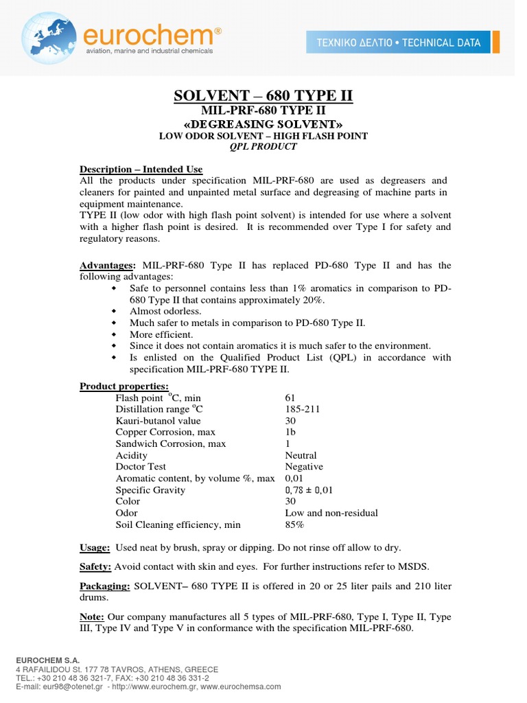 MIL-PRF-680 Type II Solvent High Flash Point Low Odor | PDF | Physical ...