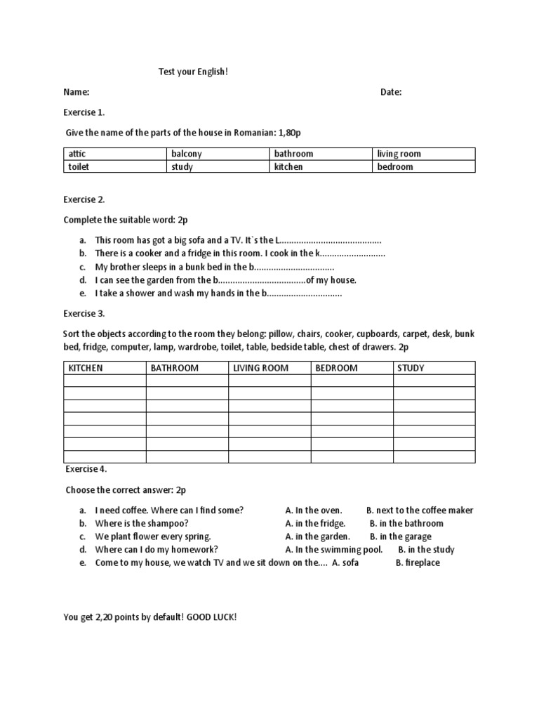 House Parts and Vocabulary Test | PDF