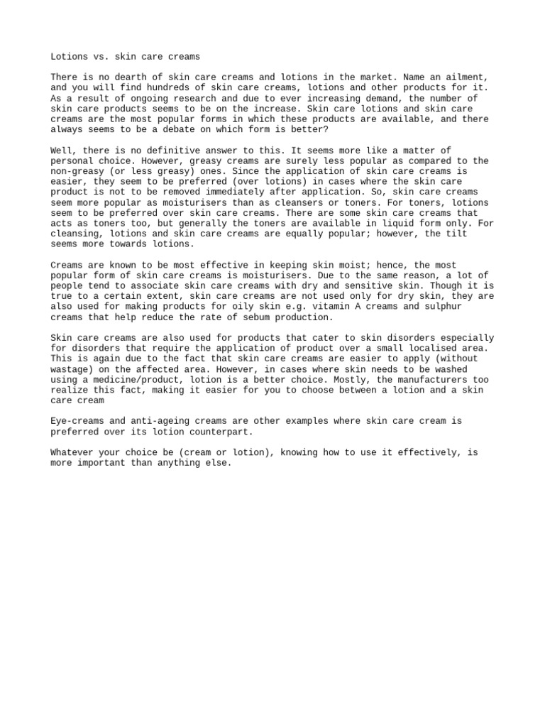 Lotions vs. Skin Care Creams | PDF