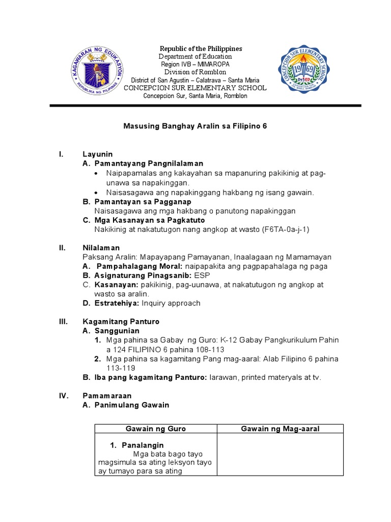 Masusing Banghay Aralin Sa Filipino 6 | PDF