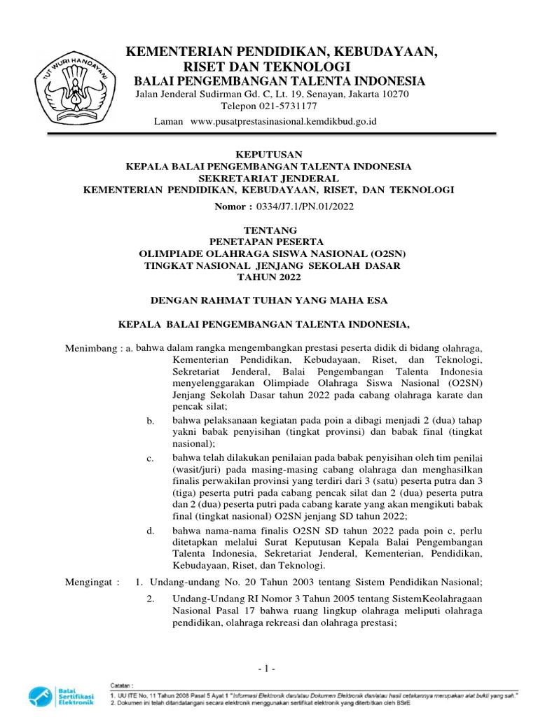 SK - O2sn - Penetapan Peserta O2sn SD Tingkat Nasional Tahun 2022 | PDF