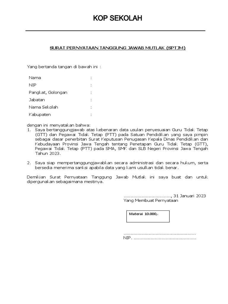 Sptjm-Penyesuaian GTT Ptt-Tahun 2023 | PDF