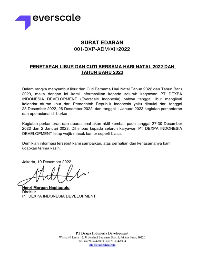Contoh Surat Edaran - Libur Dan Cuti Bersama Hari Natal Dan Tahun Baru 2023 | PDF
