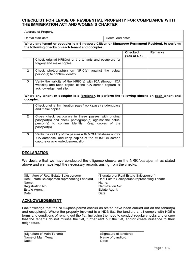 CEA Checklist For Lease of Residential Property For Compliance With ...