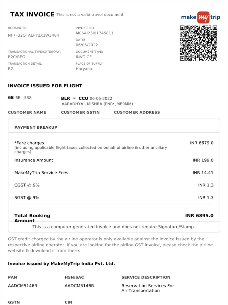 Flight Booking Invoice: BLR to CCU on June 5th, 2022 for Aaradhya Mishra | PDF | Invoice ...