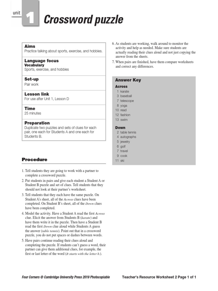 Four Corners Level 2 Unit 1 Crossword Puzzle Worksheet 2 | PDF | Crossword