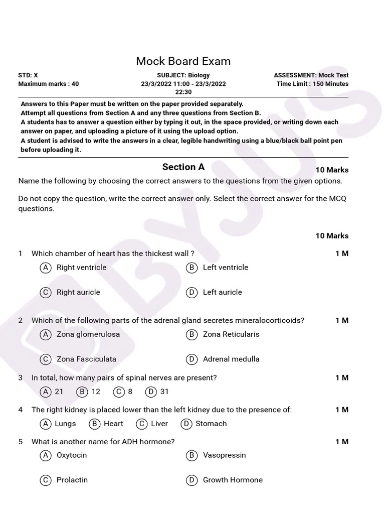 ICSE Class 10 Biology Sample Mock Paper Term 2 Exam 2021 22 | PDF ...