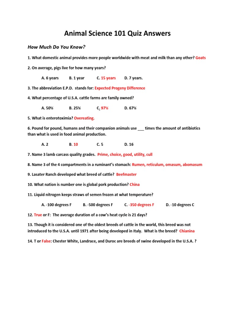 Animal Science 101 Quiz Answers | PDF