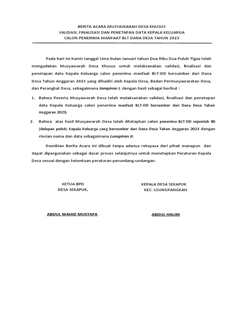 Musyawarah Desa BLT 2023 | PDF
