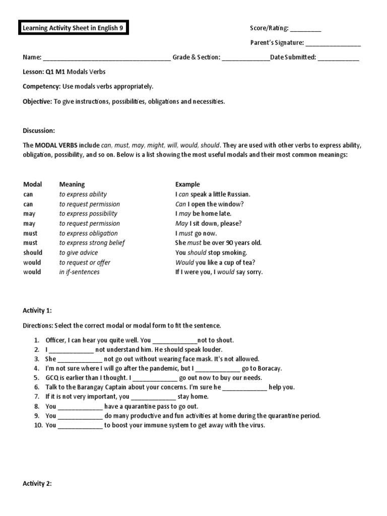 Q1 M1 Modal Verbs | PDF | Cognitive Science | Syntax