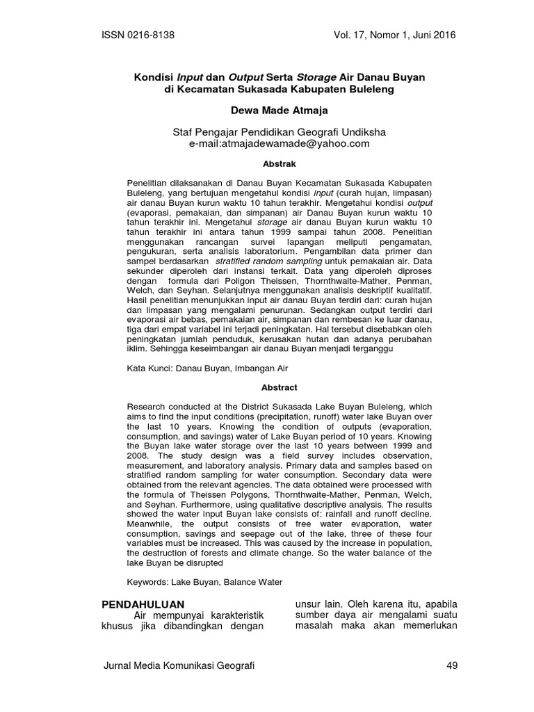 Kondisi Input Dan Output Serta Storage Air Danau Buyan Di Kecamatan Sukasada Kabupaten Buleleng ...