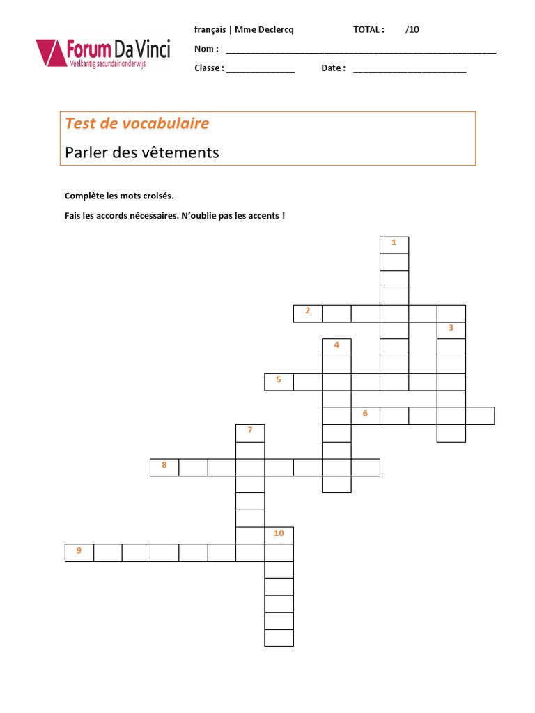 Test de vocabulaire : Vêtements | PDF