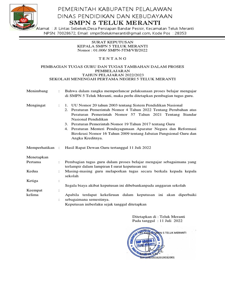 Jadwal Mengajar Guru Penugasan Lain Yang Dibebankan Kepada Guru Dan