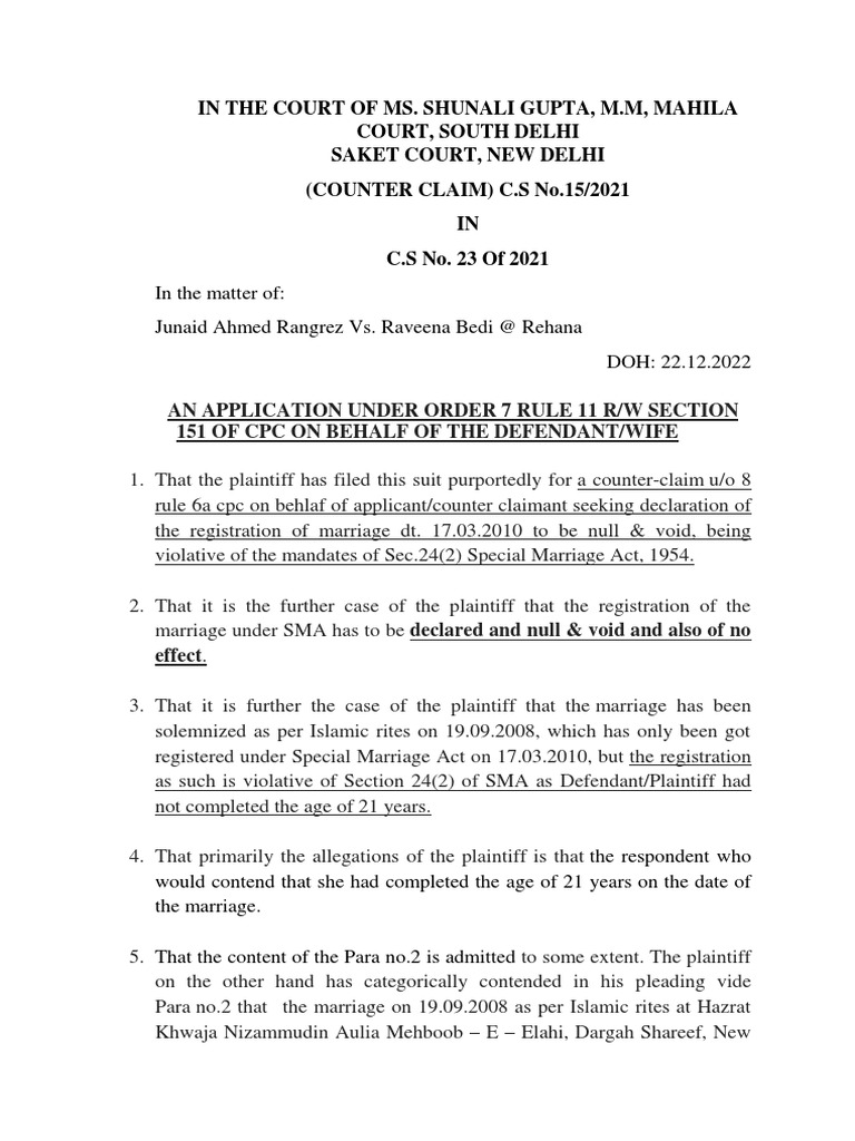 Counter Claim Under Order 7 Rule 11 | PDF | Affidavit | Lawsuit