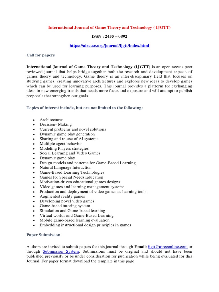 International Journal of Game Theory and Technology (IJGTT) | PDF