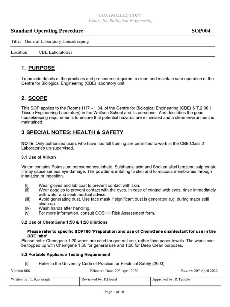 SOP004 General Laboratory Housekeeping | PDF | Laboratories | Housekeeping