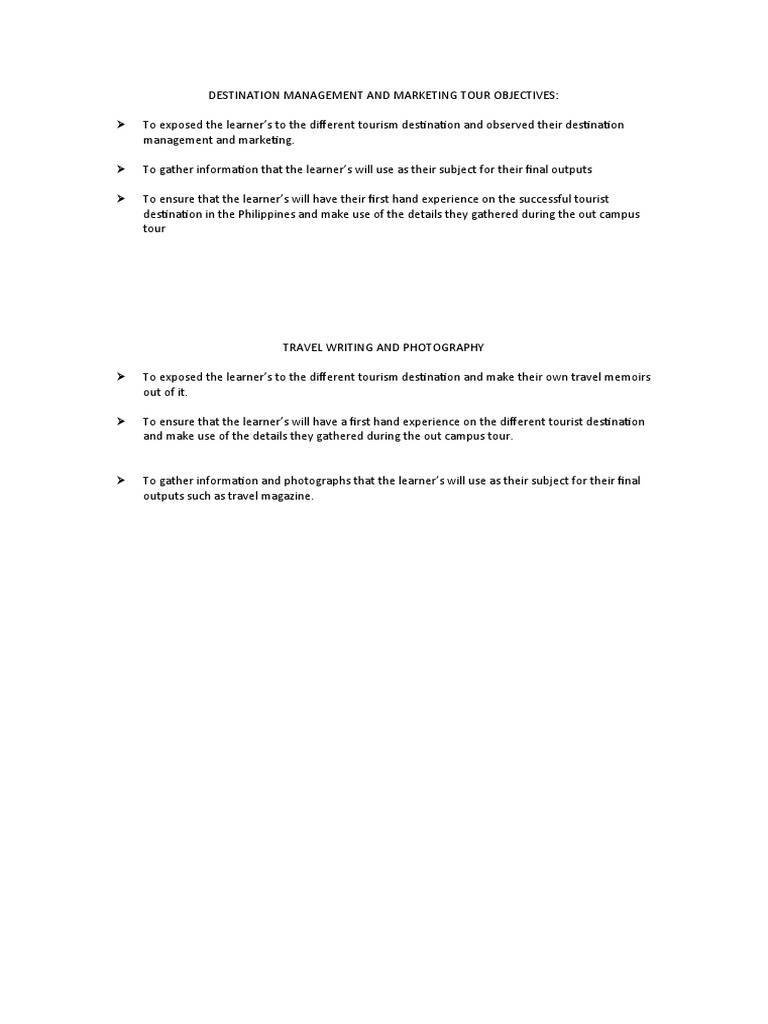 Destination Management and Marketing Tour Objective | PDF