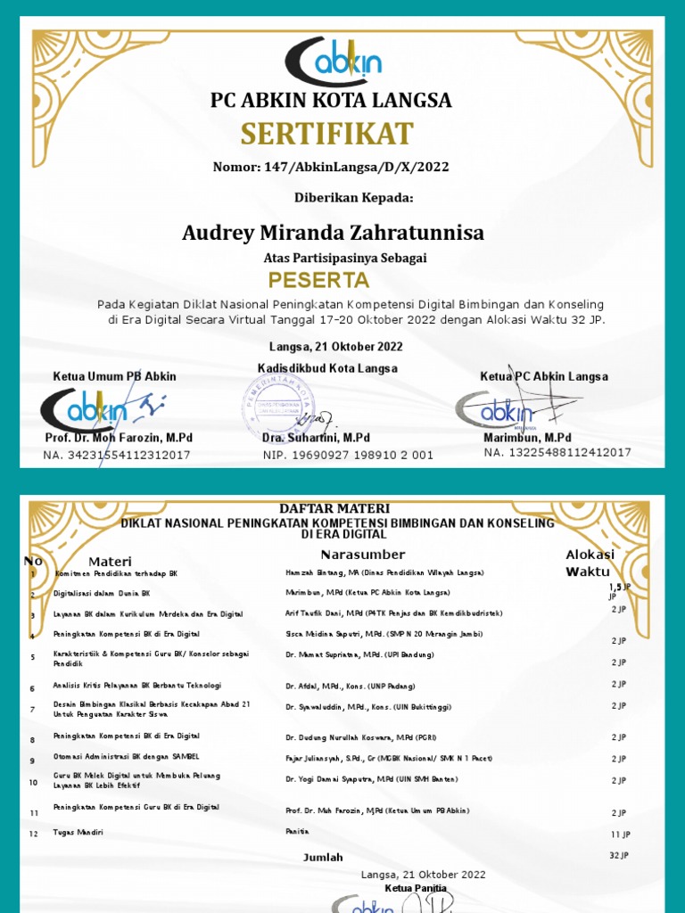 Sertifikat: PC Abkin Kota Langsa | PDF