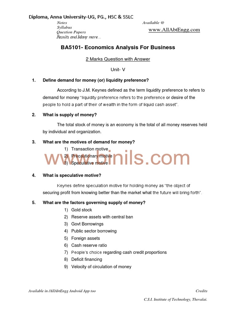 Economics Analysis For Business 2marks | PDF | Inflation | Money