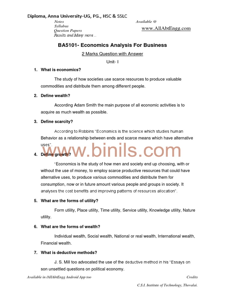 Economics Analysis For Business Unit 1 2marks | PDF | Economics | Wealth