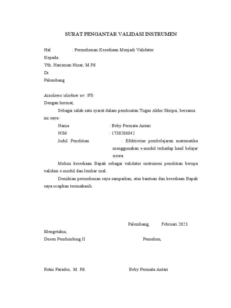 Surat Pengantar Validasi Instrumen | PDF
