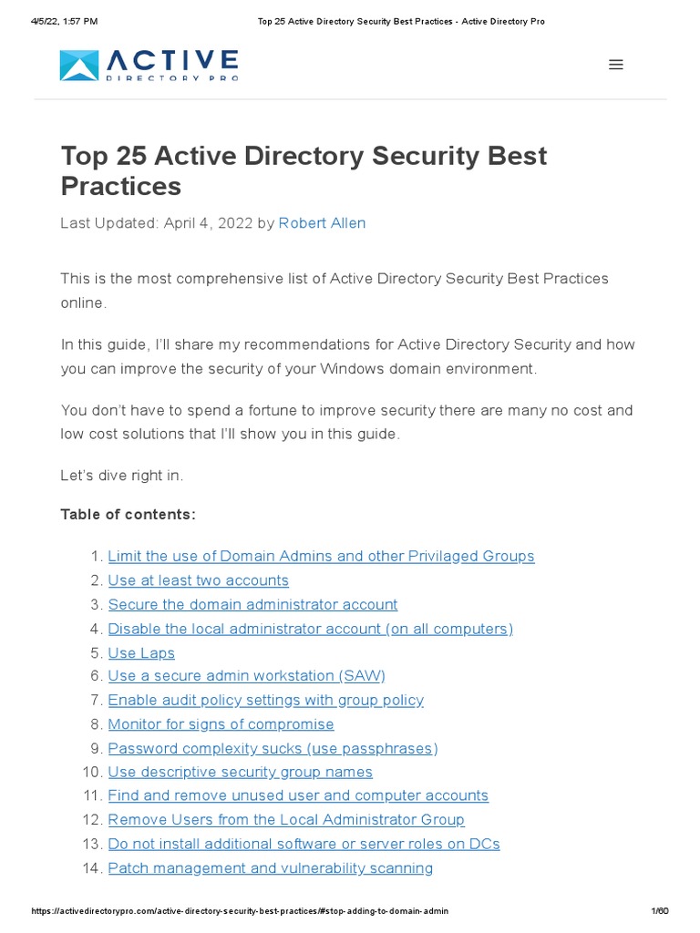 Top 25 Active Directory Security Best Practices - Active Directory Pro ... Top 25 Active Directory Security Best Practices - Active Directory Pro ...