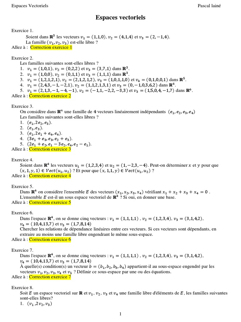 Exercices sur les Espaces Vectoriels | PDF | Base (algèbre linéaire ...