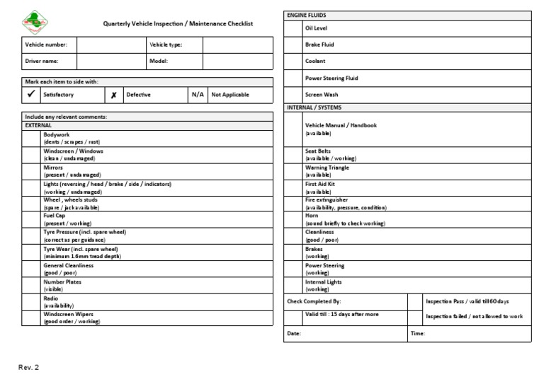Light Vehicles Inspection Checklist V2 | PDF | Vehicles | Tire