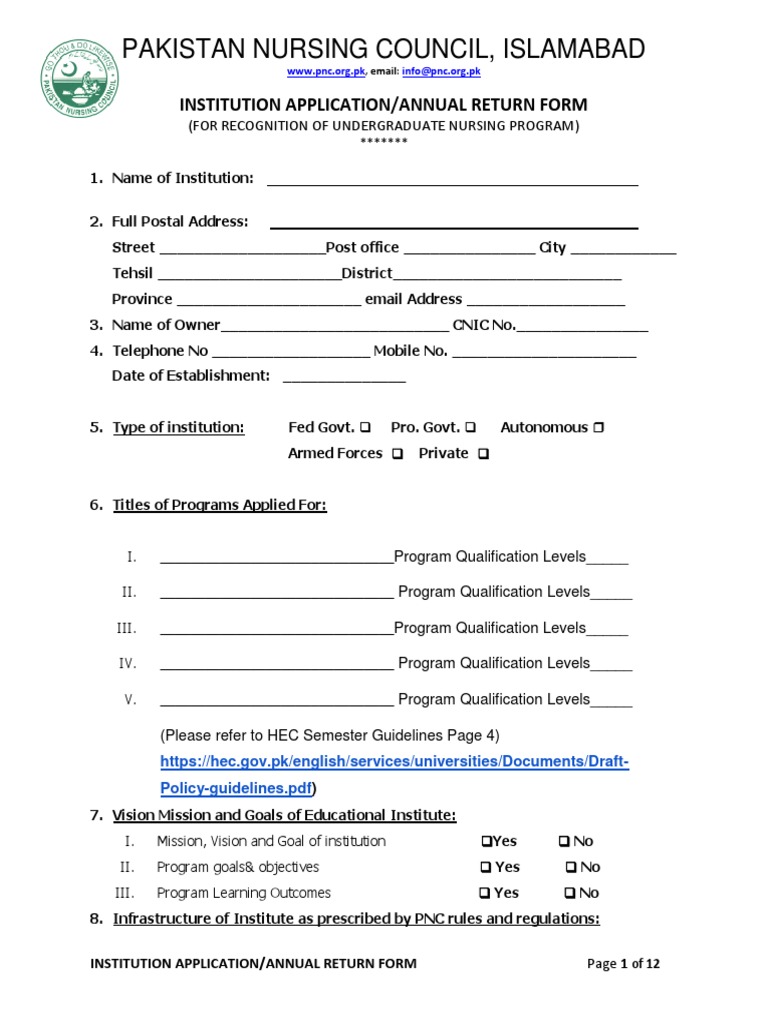 PNC Institution Application Annual Return Form | PDF | Nursing | Lecturer