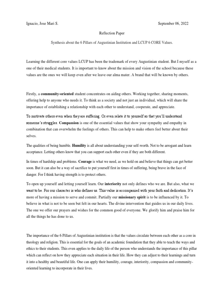 Synthesis About The 6 Pillars of Augustinian Institution and LCUP 6 ...