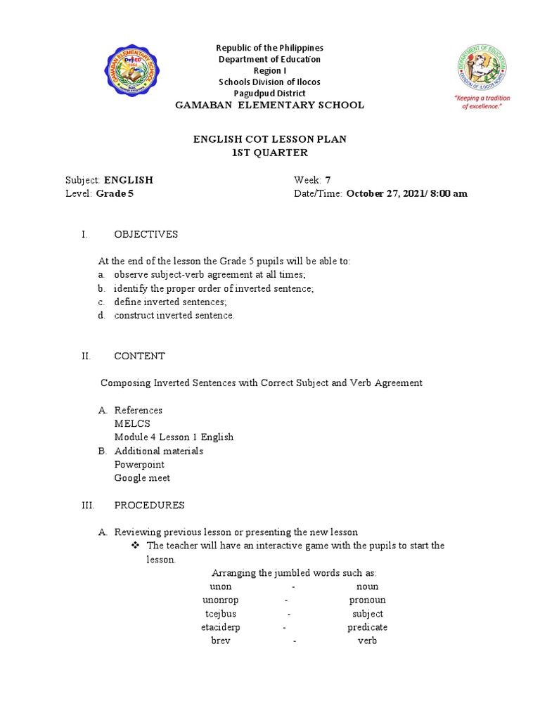 English Cot Lesson Plan | PDF | Verb | Grammatical Number