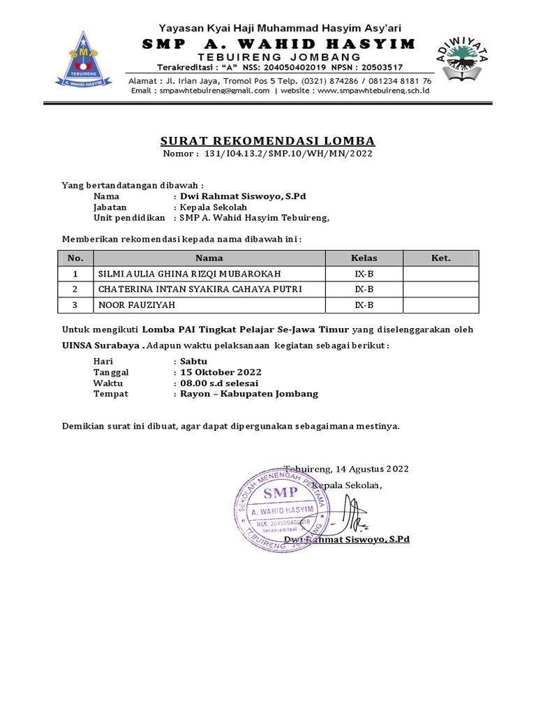 Surat Rekomendasi Lomba Pai Uinsa Surabaya Tahun 2022 - 14-08-2022 | PDF